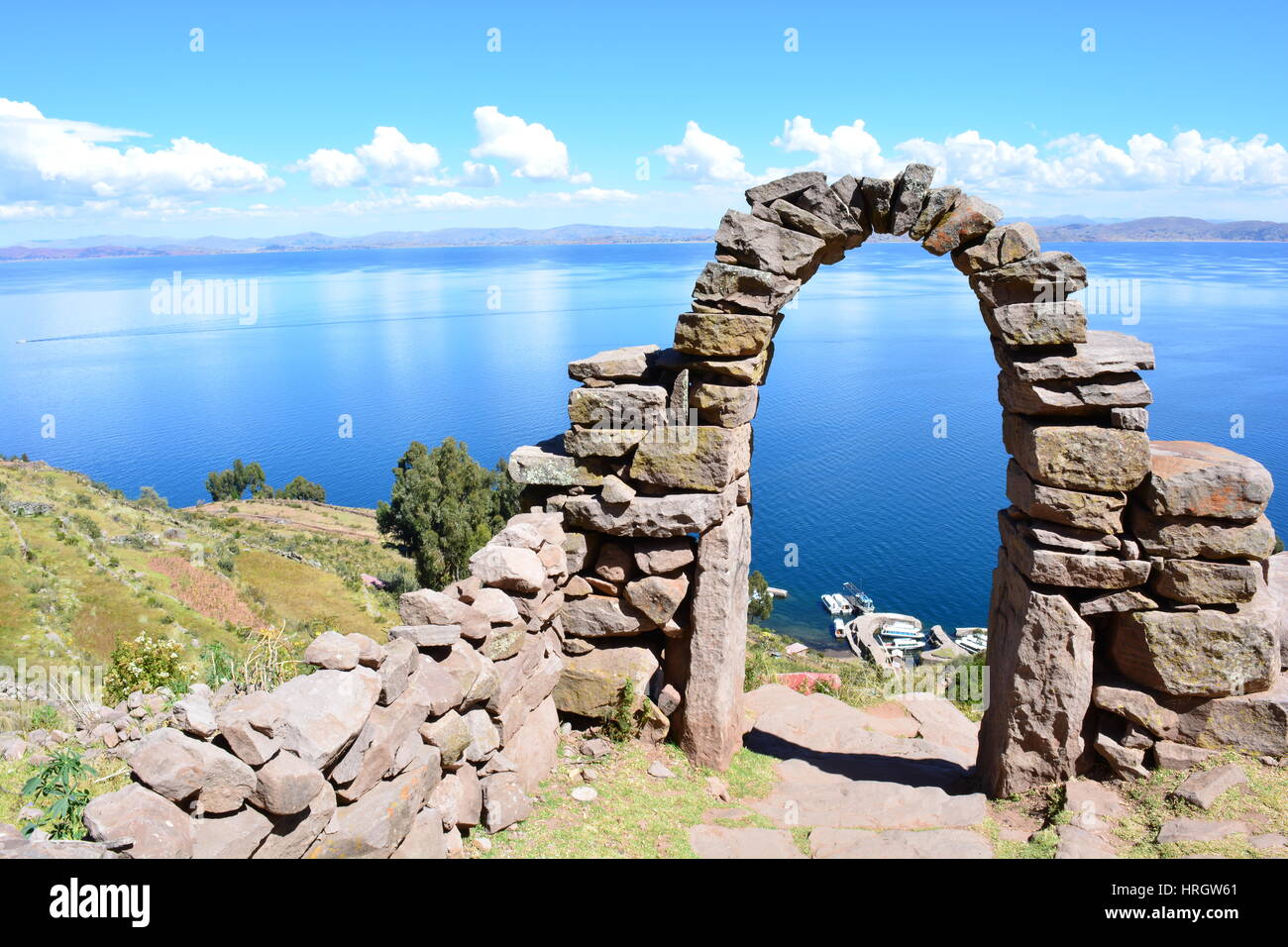 Inca ruins in an island of the Titicaca lake that belongs to Peru. The ...