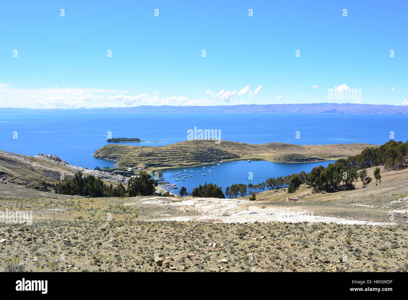Beautiful beach of the Isla del Sol island, in the Titicaca lake ...