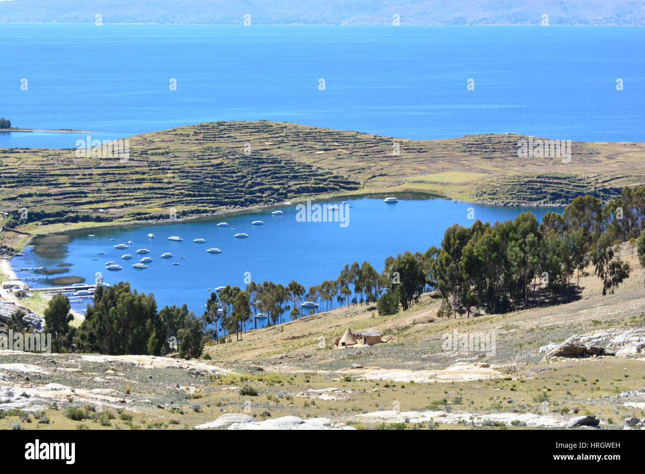 Beautiful beach of the Isla del Sol island, in the Titicaca lake ...