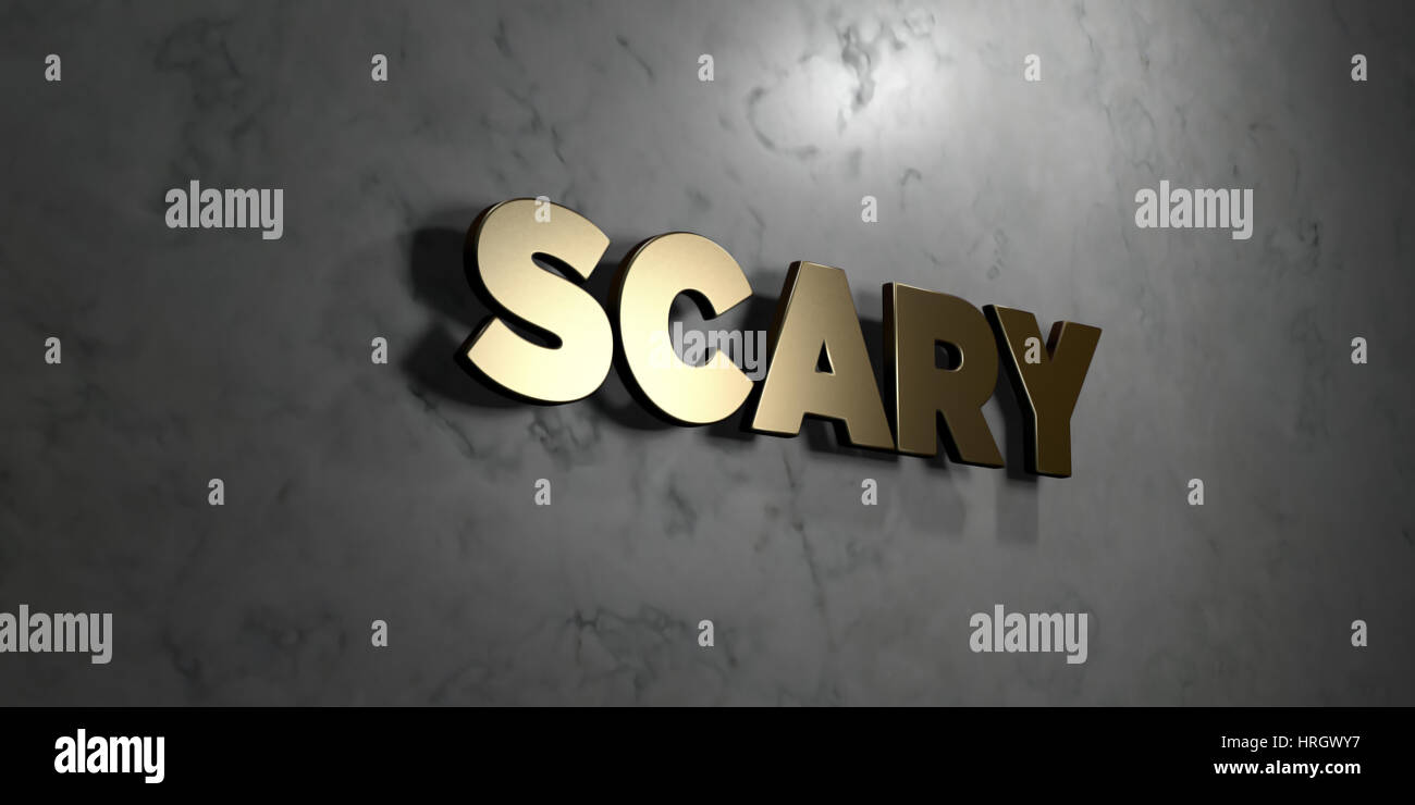 Scary - Gold sign mounted on glossy marble wall - 3D rendered royalty ...