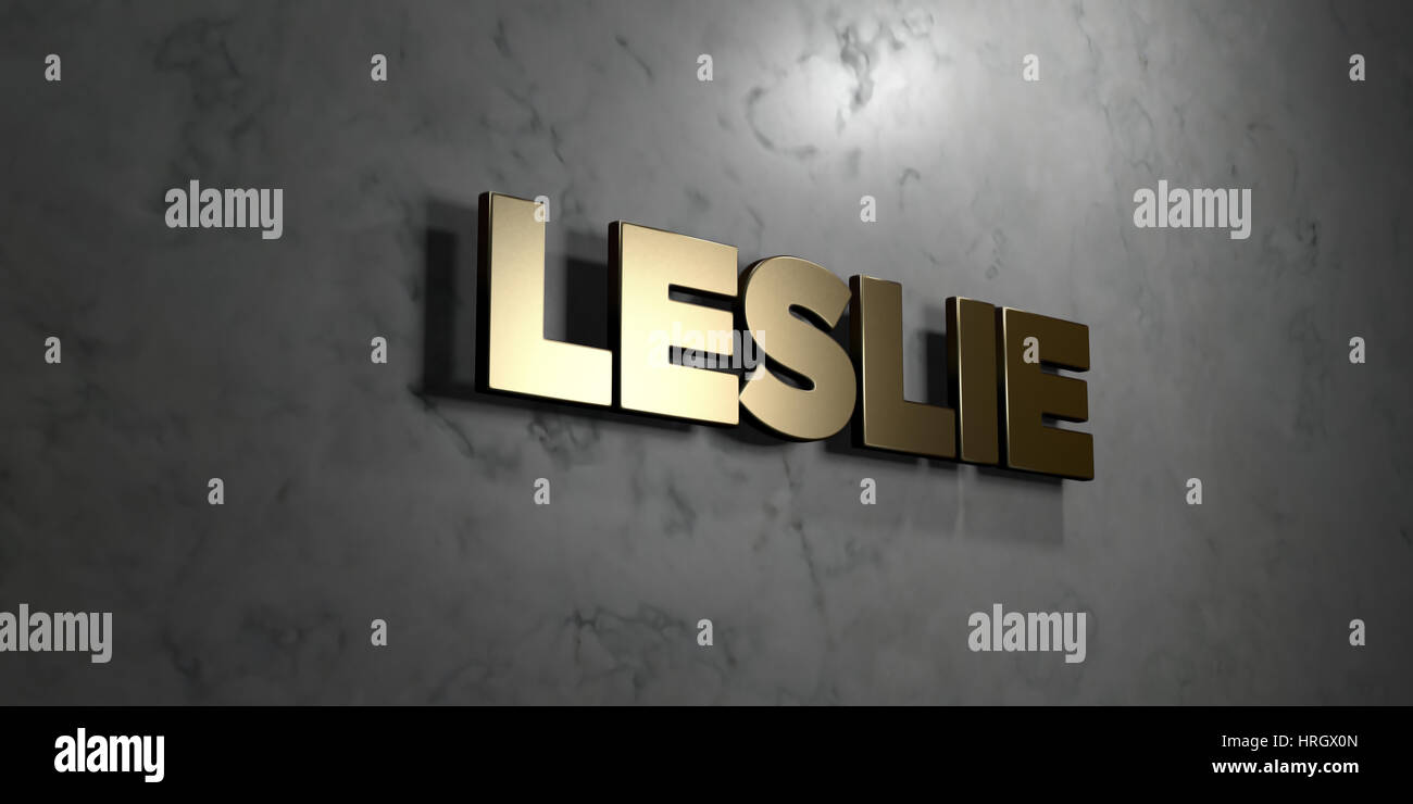 Leslie - Gold sign mounted on glossy marble wall - 3D rendered royalty ...