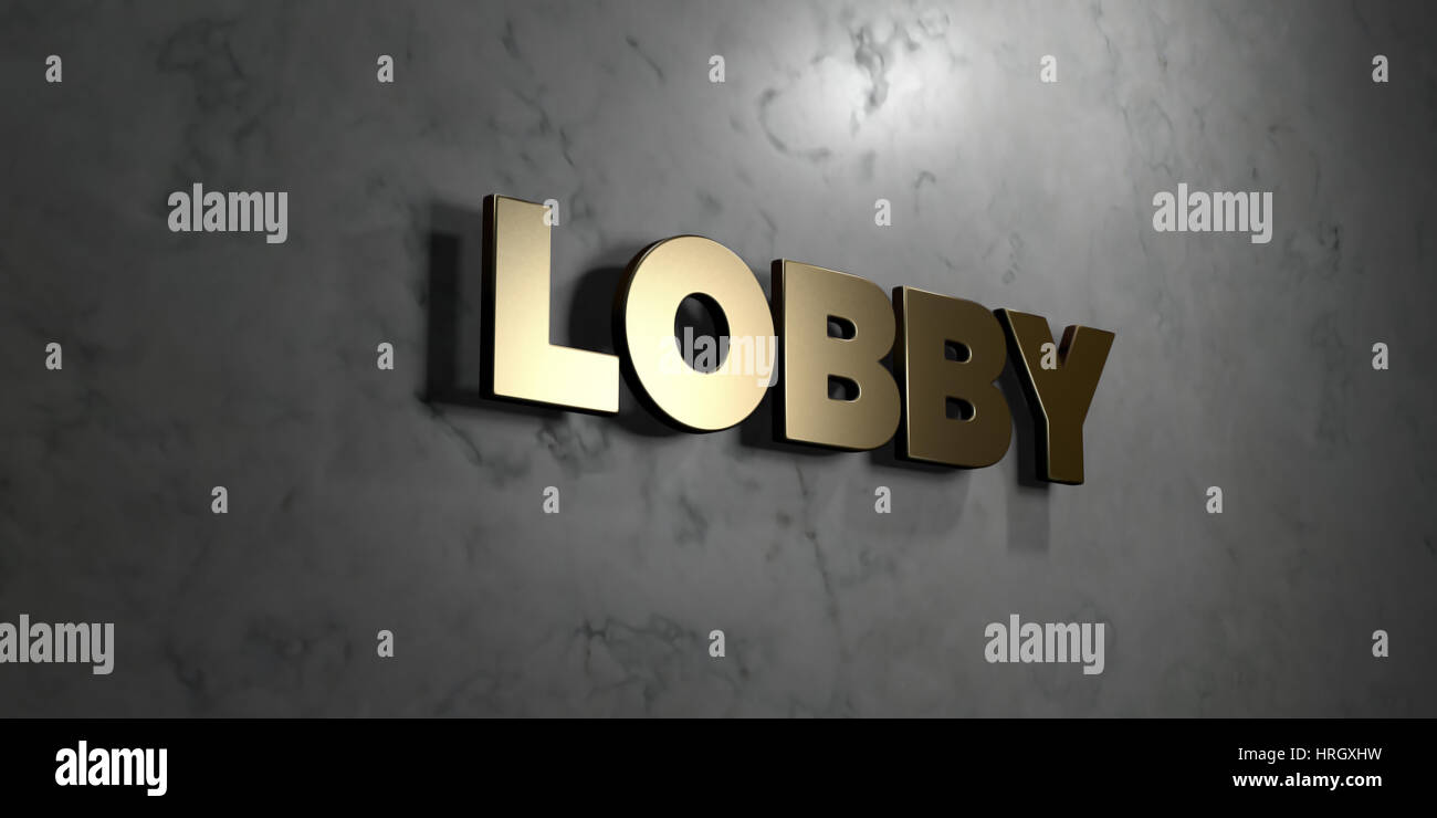 Lobby - Gold sign mounted on glossy marble wall - 3D rendered royalty ...
