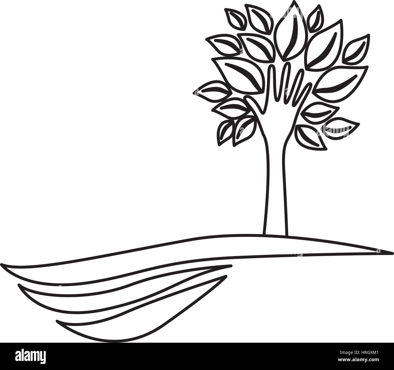 figure tree with leaves and stem in form hand in the mountain Stock ...