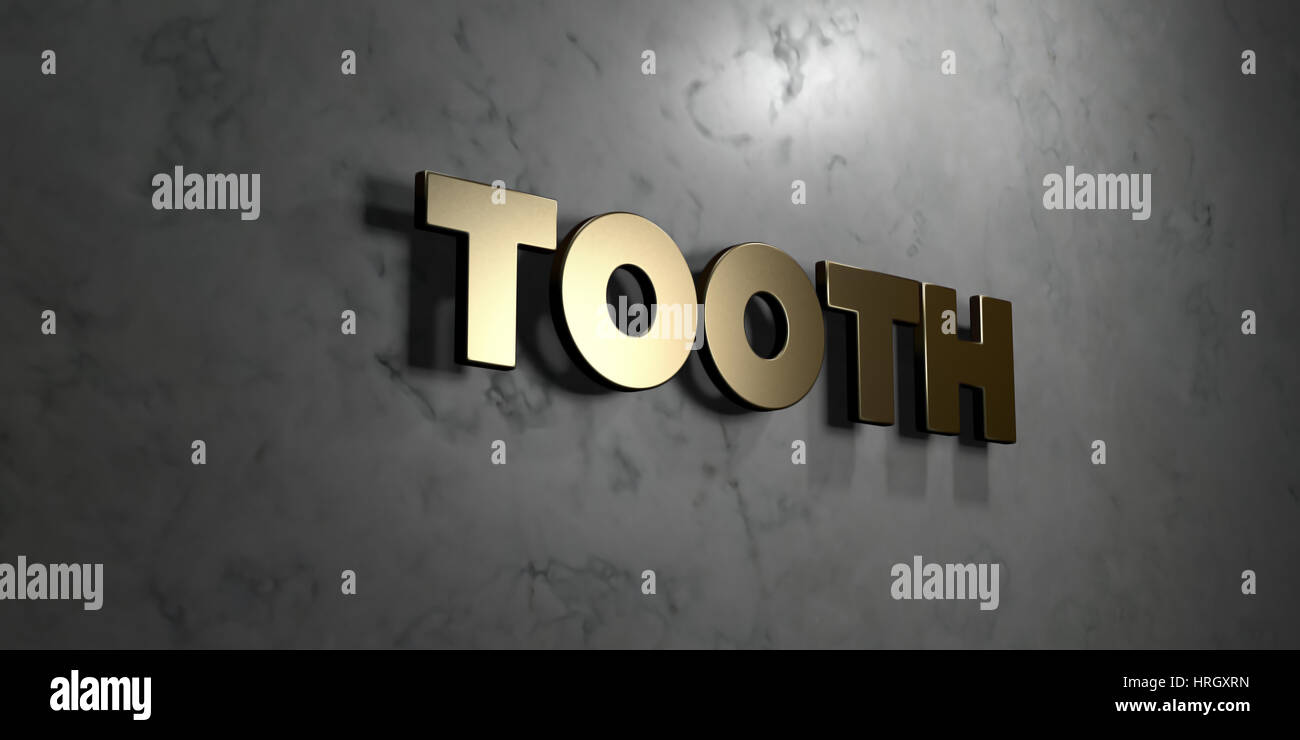 Tooth - Gold sign mounted on glossy marble wall - 3D rendered royalty ...