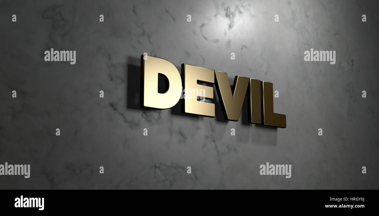 Devil - Gold sign mounted on glossy marble wall - 3D rendered royalty ...