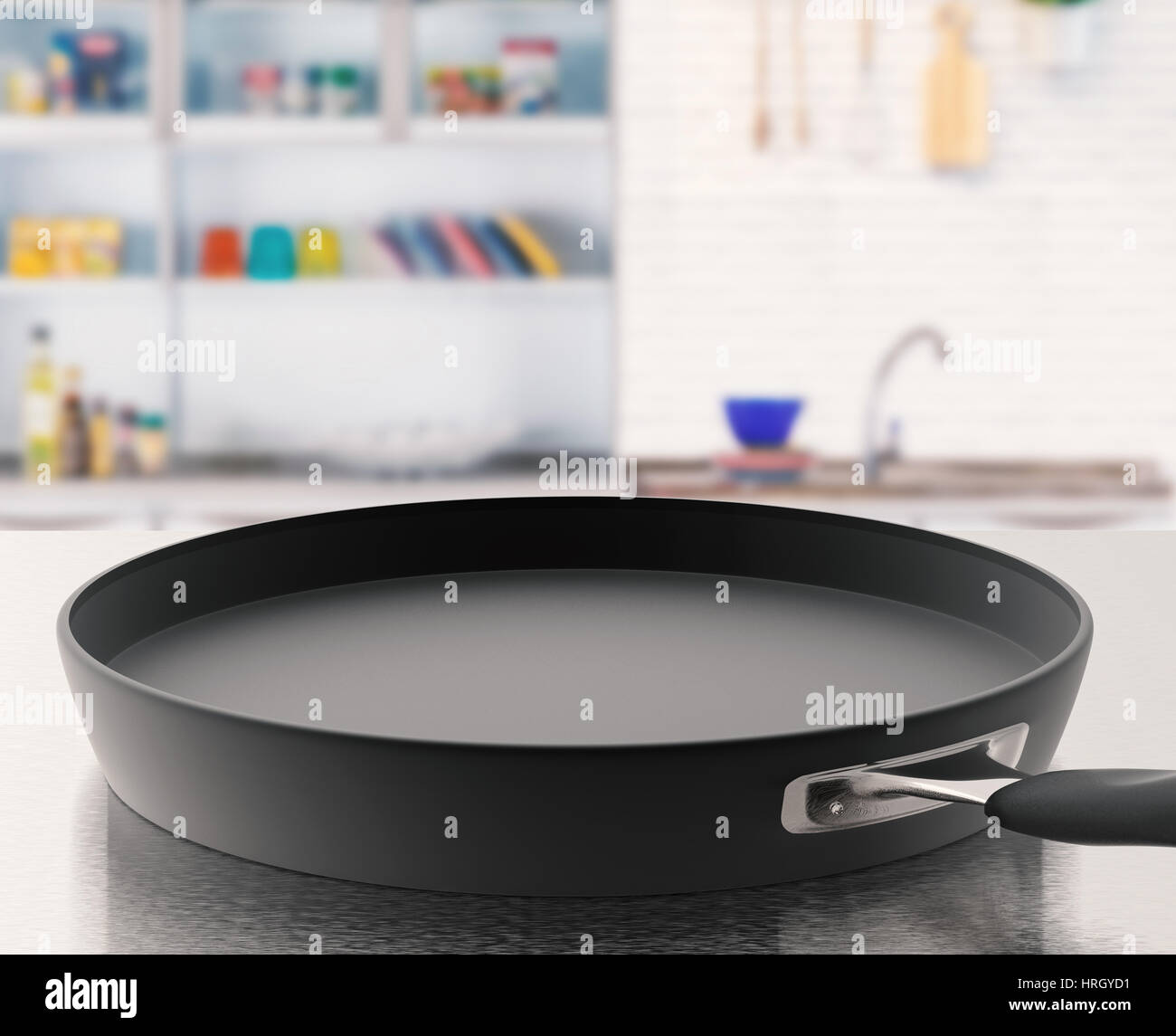 3d rendering empty pan with kitchen background Stock Photo - Alamy
