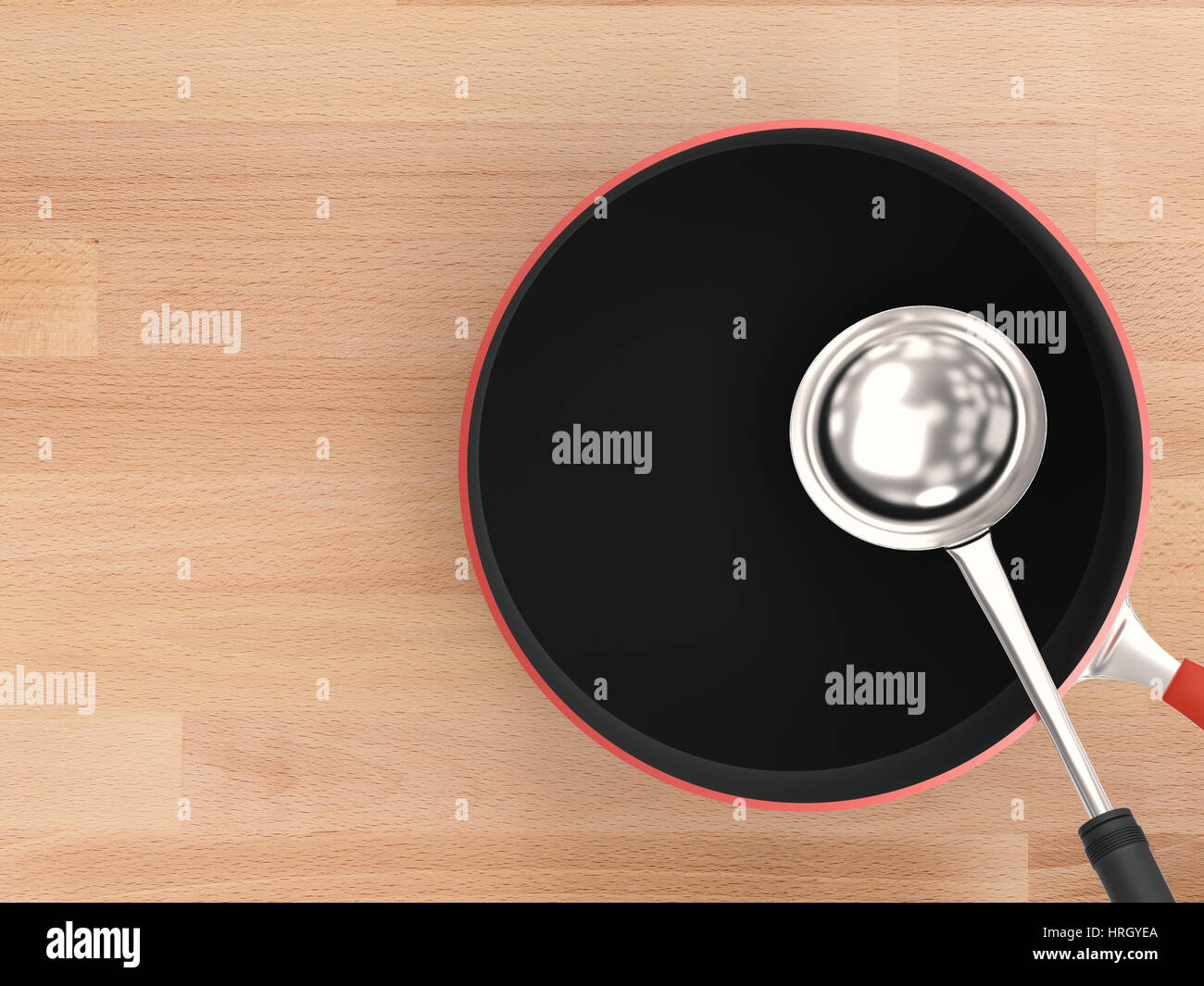 3d rendering sauce pan with ladle top view Stock Photo - Alamy