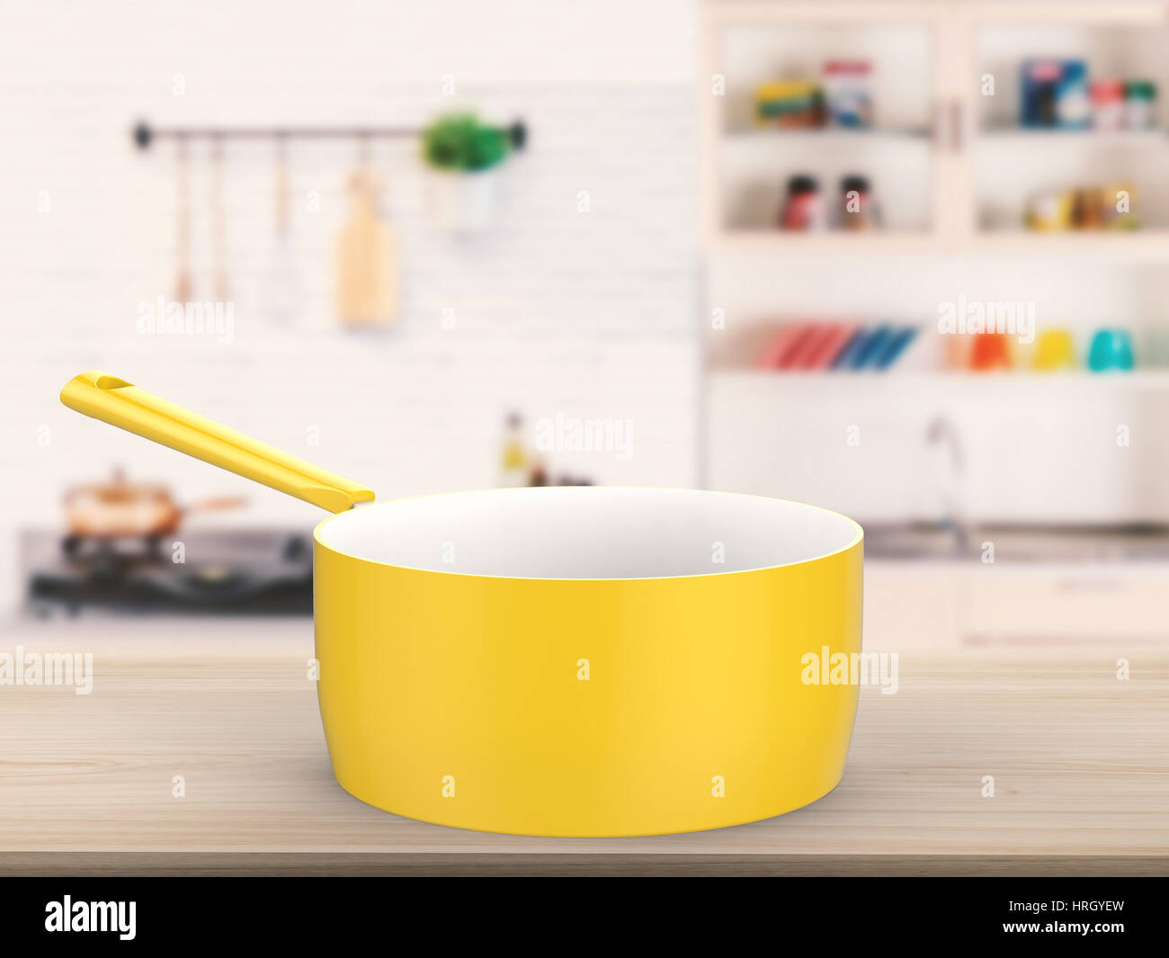 3d rendering empty sauce pan on kitchen background Stock Photo - Alamy
