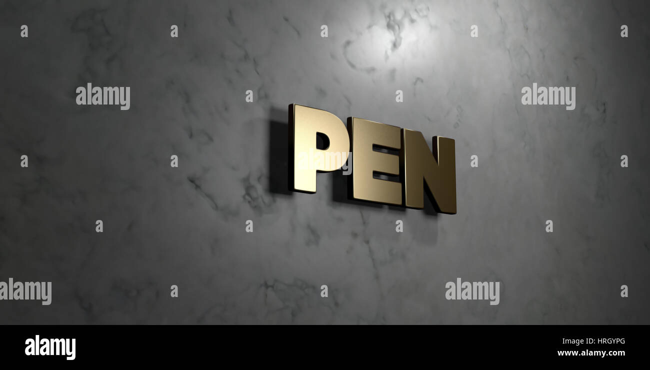 Pen - Gold sign mounted on glossy marble wall - 3D rendered royalty ...
