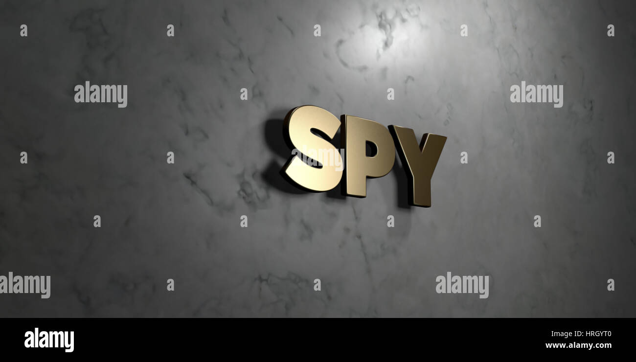 Spy - Gold sign mounted on glossy marble wall - 3D rendered royalty ...