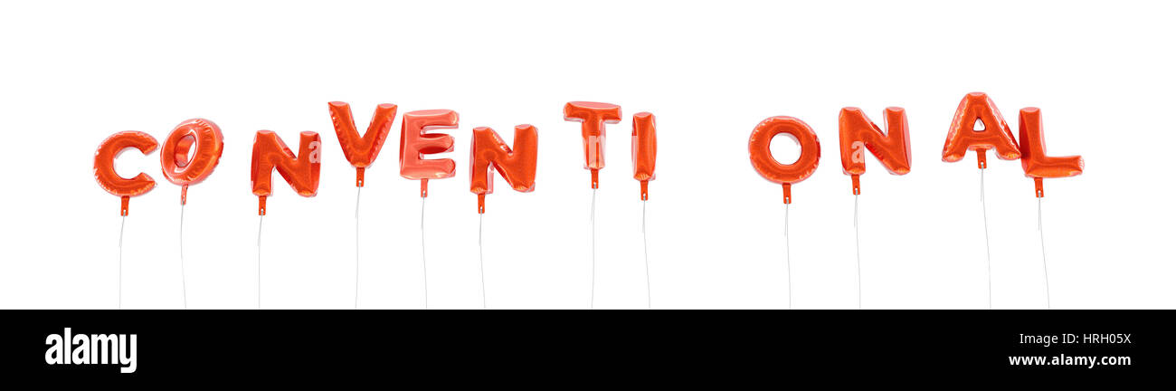CONVENTIONAL - word made from red foil balloons - 3D rendered. Can be ...