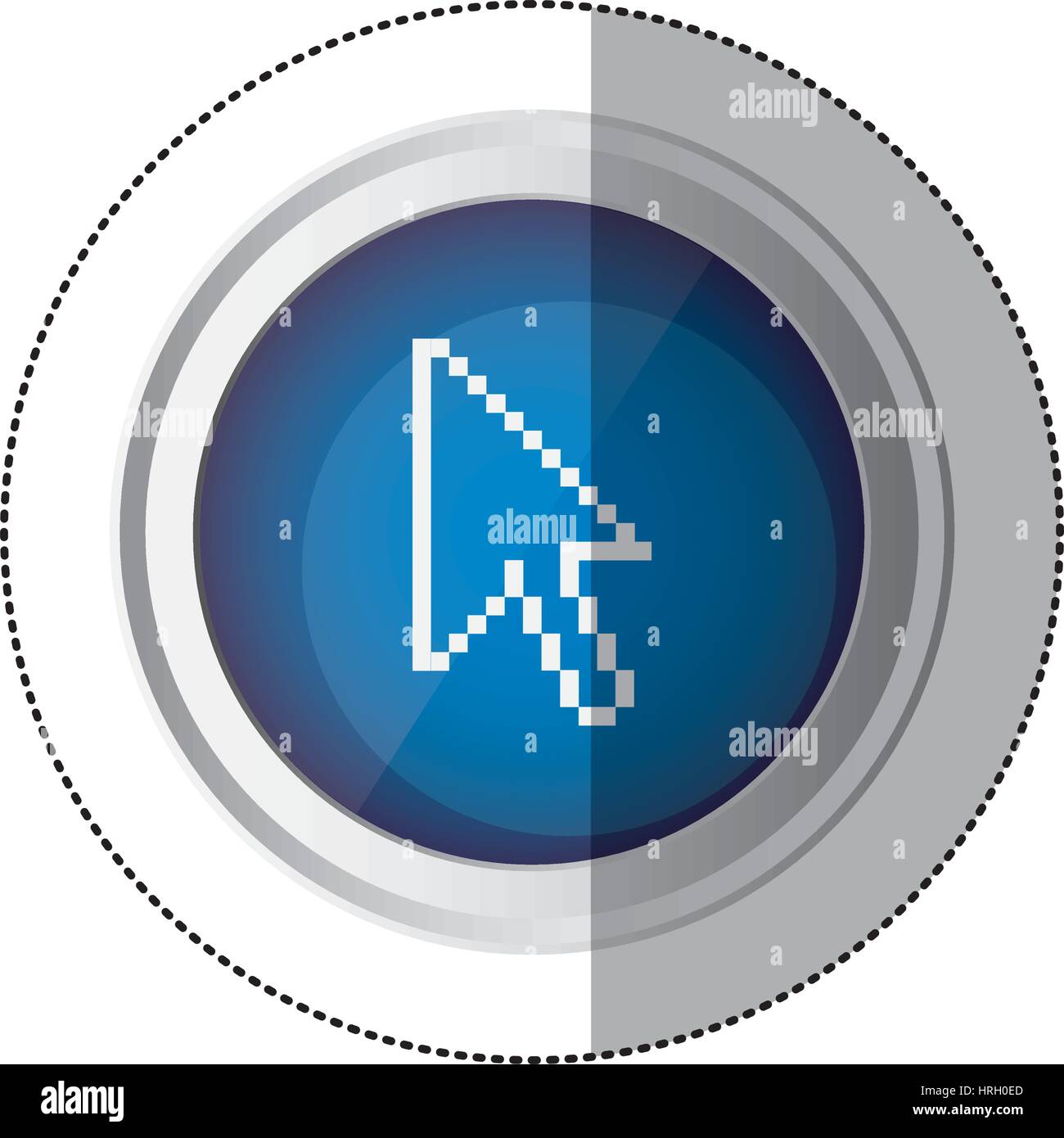 sticker blue circular button with silhouette pixelated cursor arrow ...