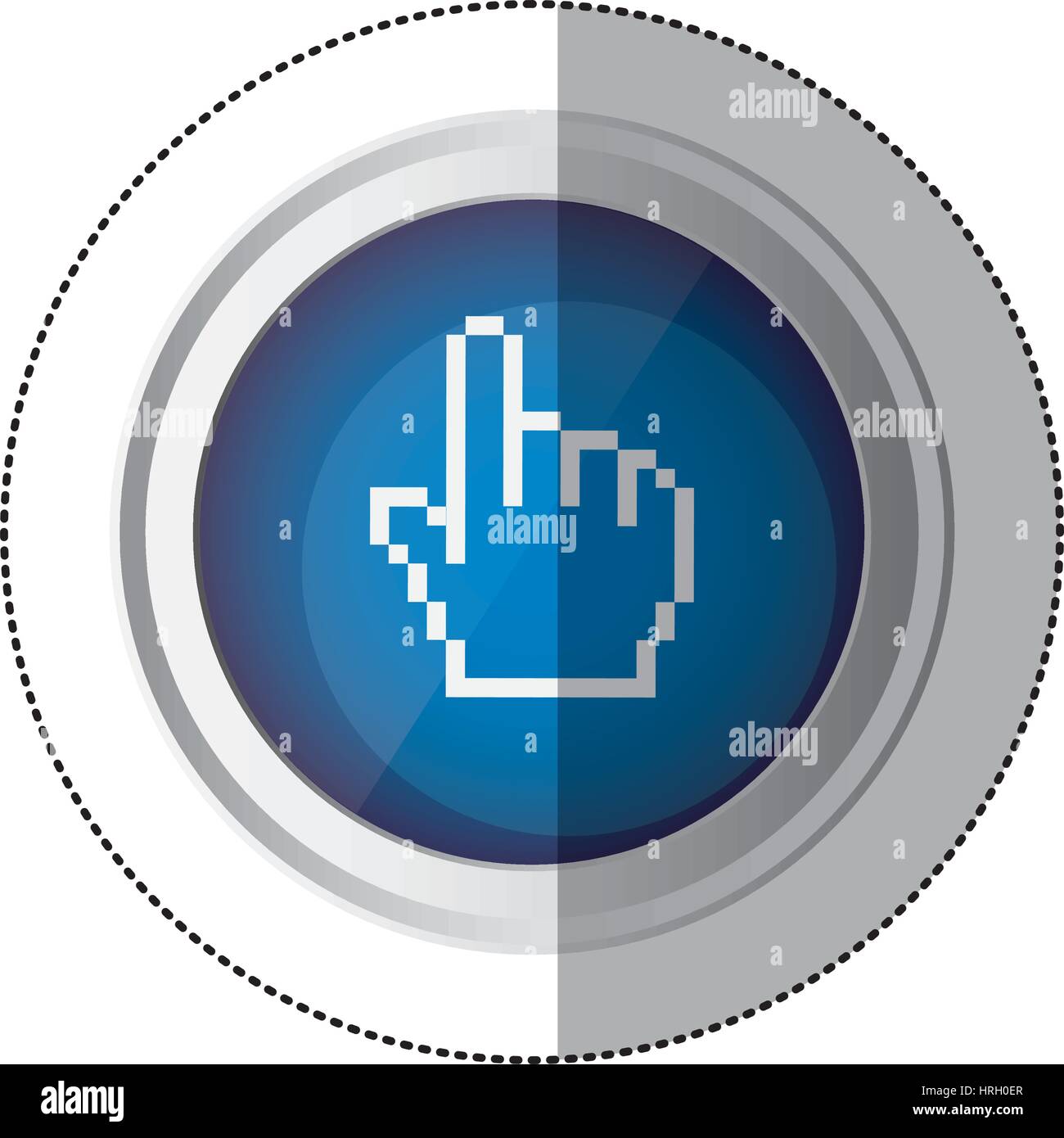 sticker blue circular button with silhouette pixelated hand pointing up ...