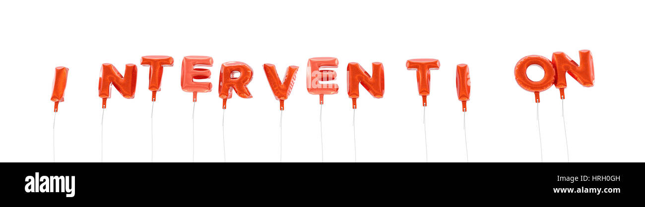 INTERVENTION - word made from red foil balloons - 3D rendered. Can be ...