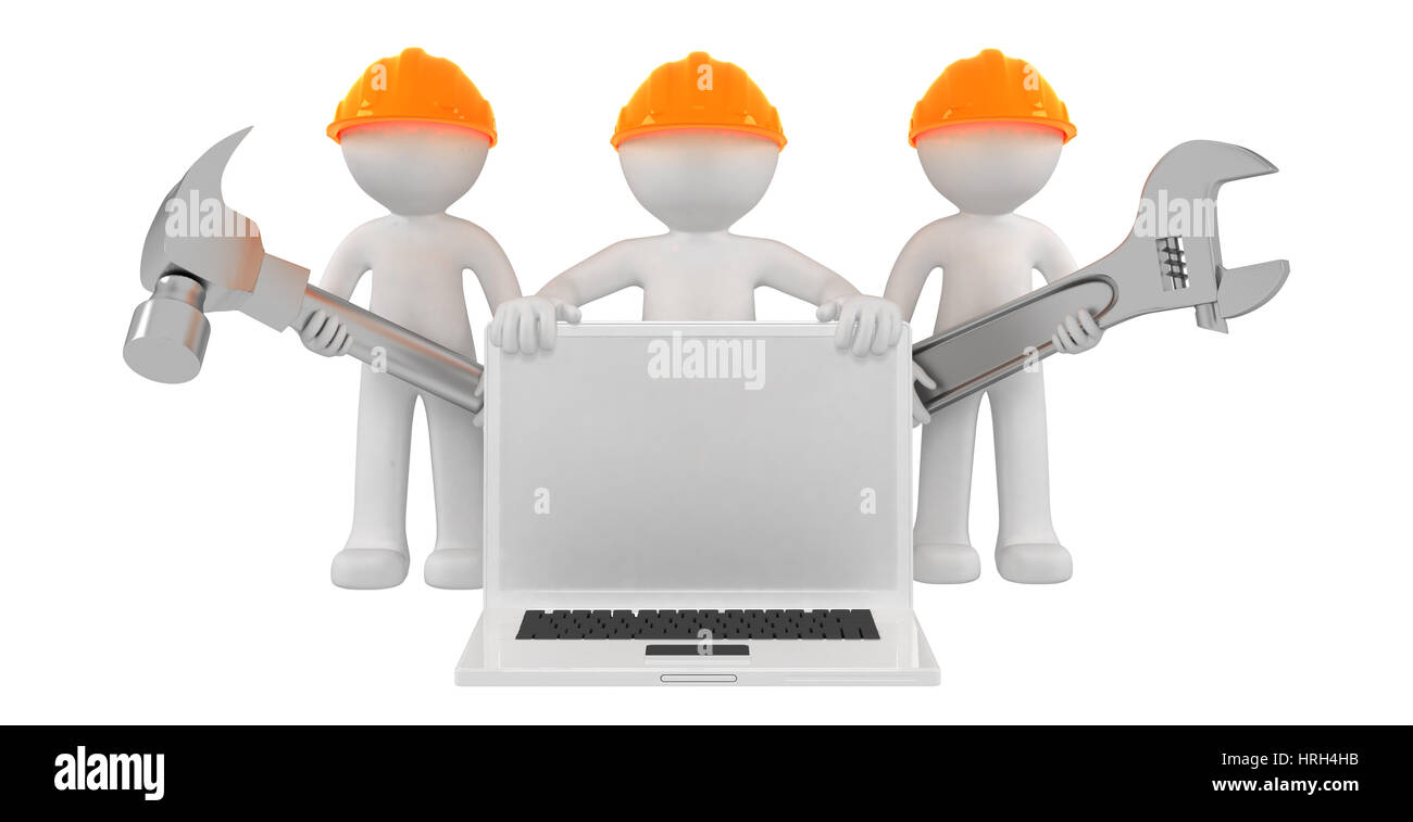 Builders with laptop and tools. Isolated on white background Stock ...