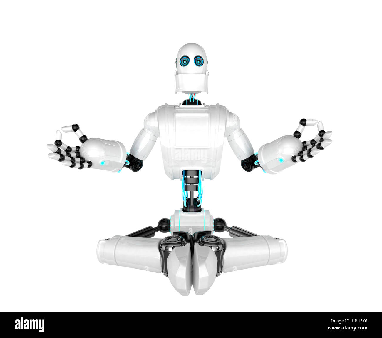 3d Robot meditating in lotus position. Isolated on white background ...