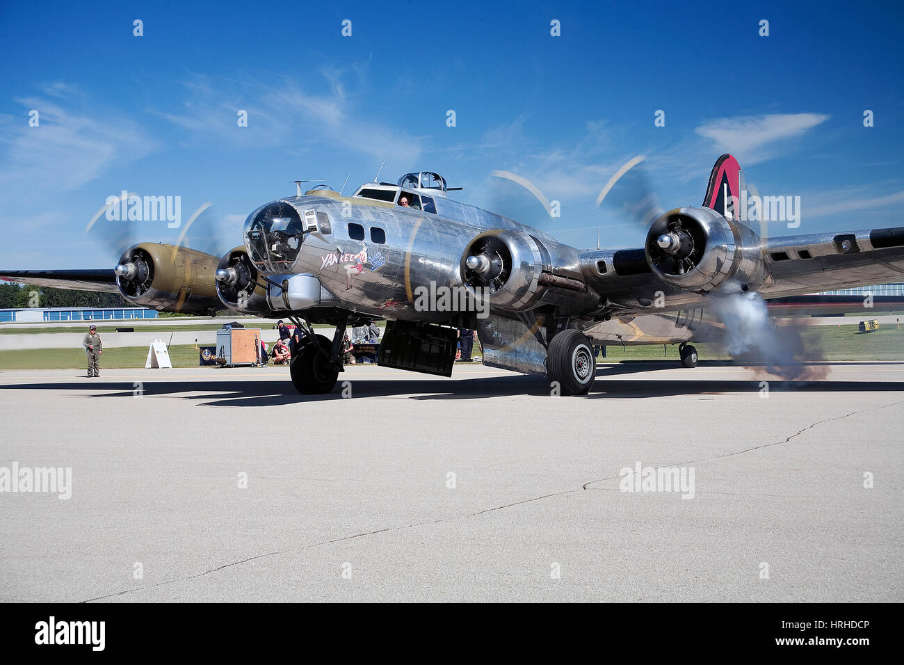 B-17 Flying Fortress, Yankee Lady starting engines on tarmac preparing ...