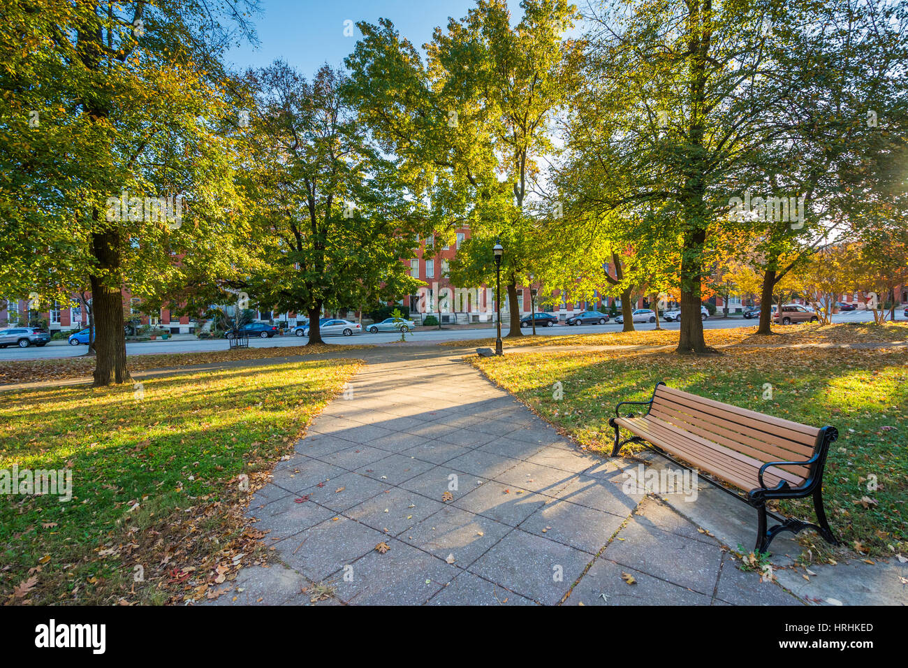 Benches and walkway with autumn color at Union Square, in Baltimore ...