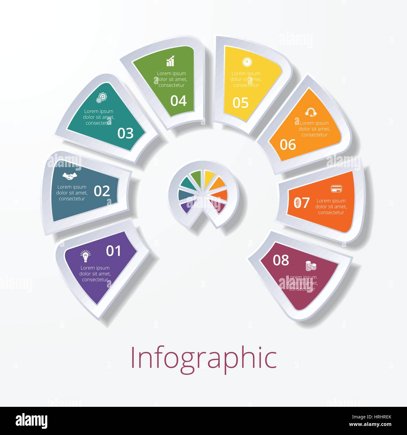 Template infographic, semicircle diagram with eight multicolored ...