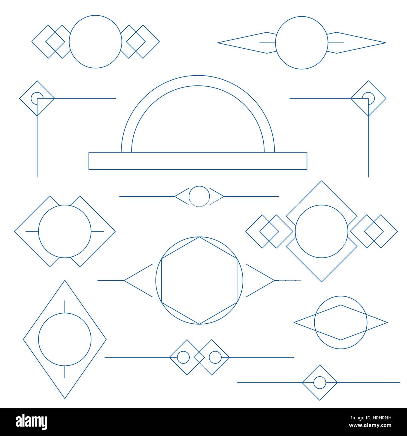 Set of blue linear graphic stylized frames and borders on white ...