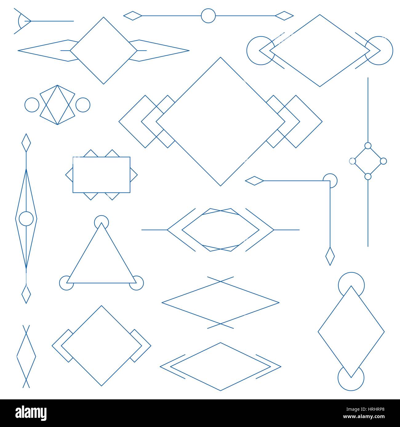 Set of blue linear graphic stylized frames and borders on white ...