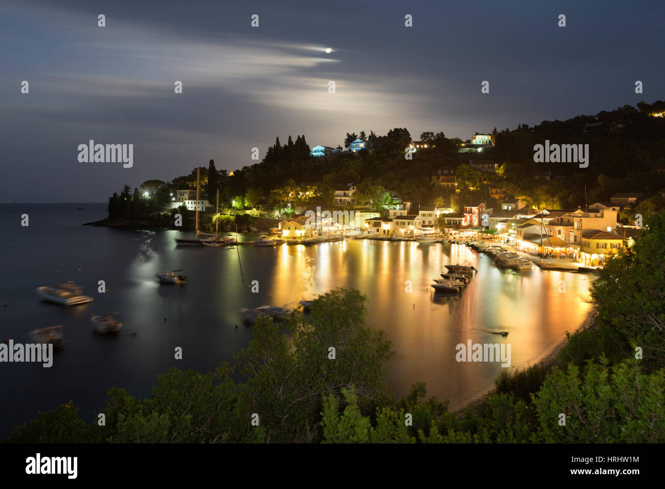 View over harbour at night, Loggos, Paxos, Ionian Islands, Greek ...