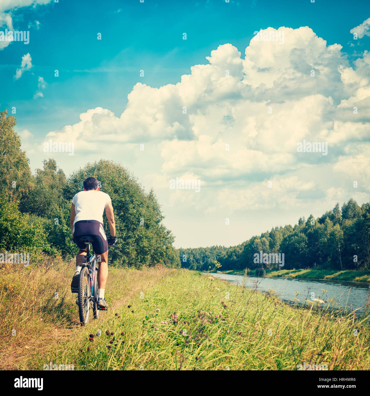 Rear View of a Man Riding a Bike on River Bank. Beautiful Nature ...