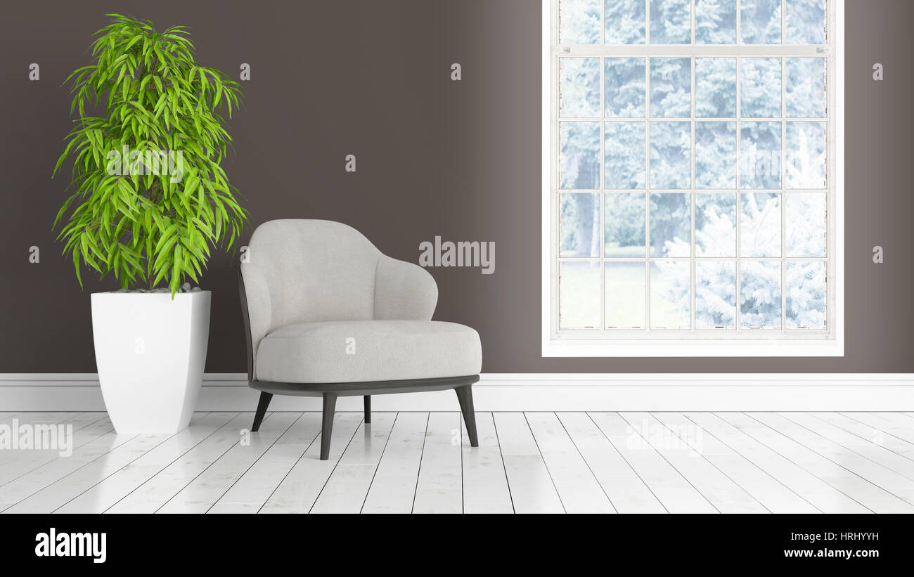 Modern bright interior with large window . 3D rendering Stock Photo - Alamy