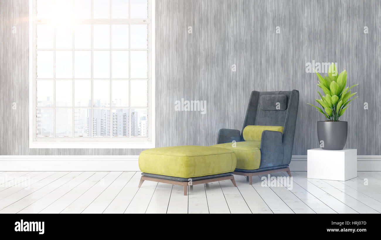 Modern bright interior with large window . 3D rendering Stock Photo - Alamy