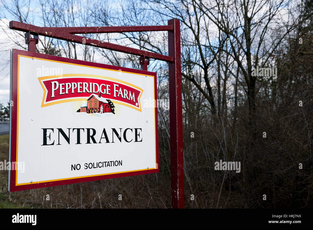 A logo sign outside of a facility occupied by Pepperidge Farm in Denver ...