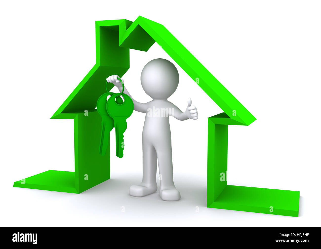 Concept image of a character holding a house key inside miniature house ...