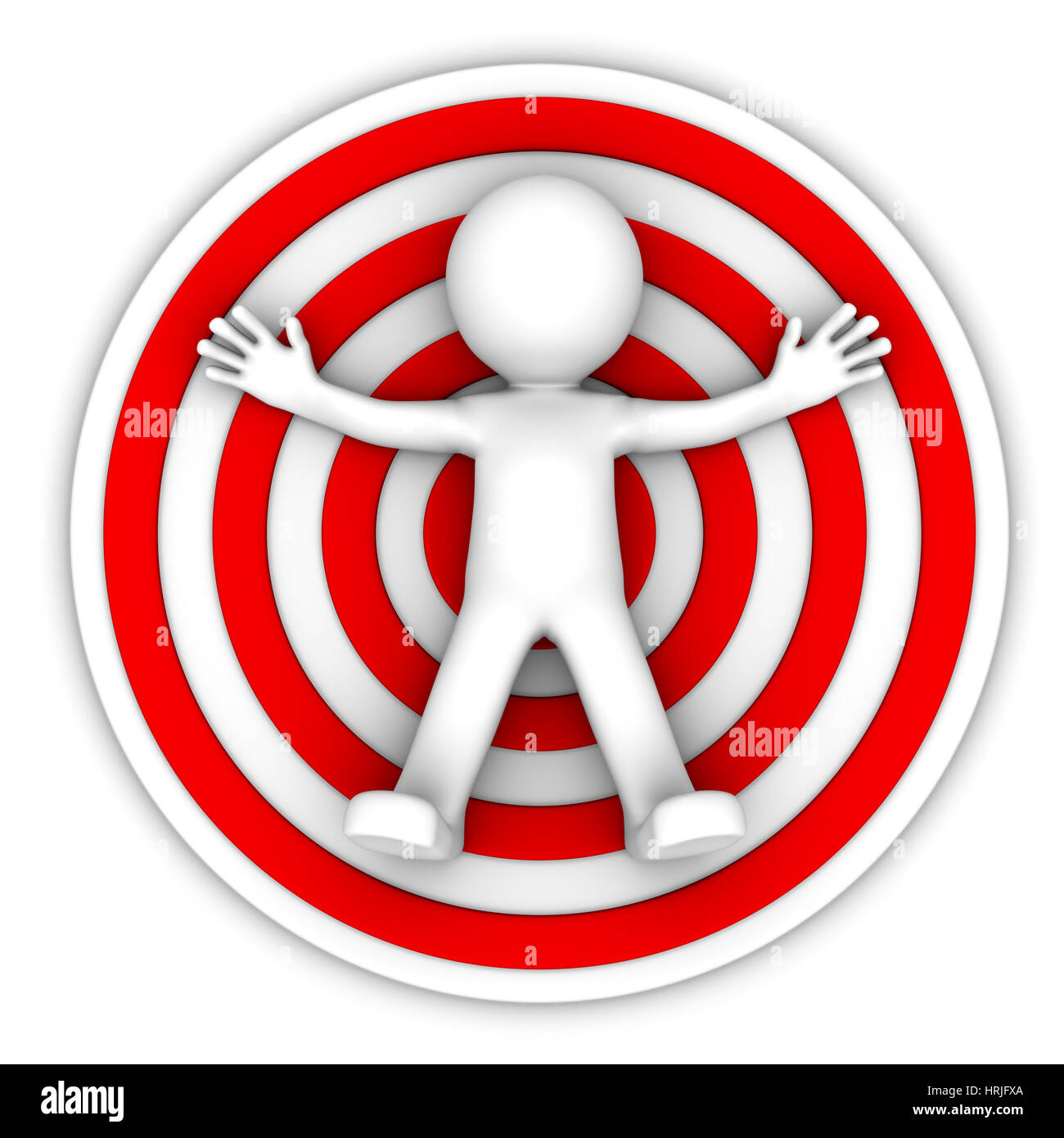 3d character lay down on a big archery target. isolated on whuite ...