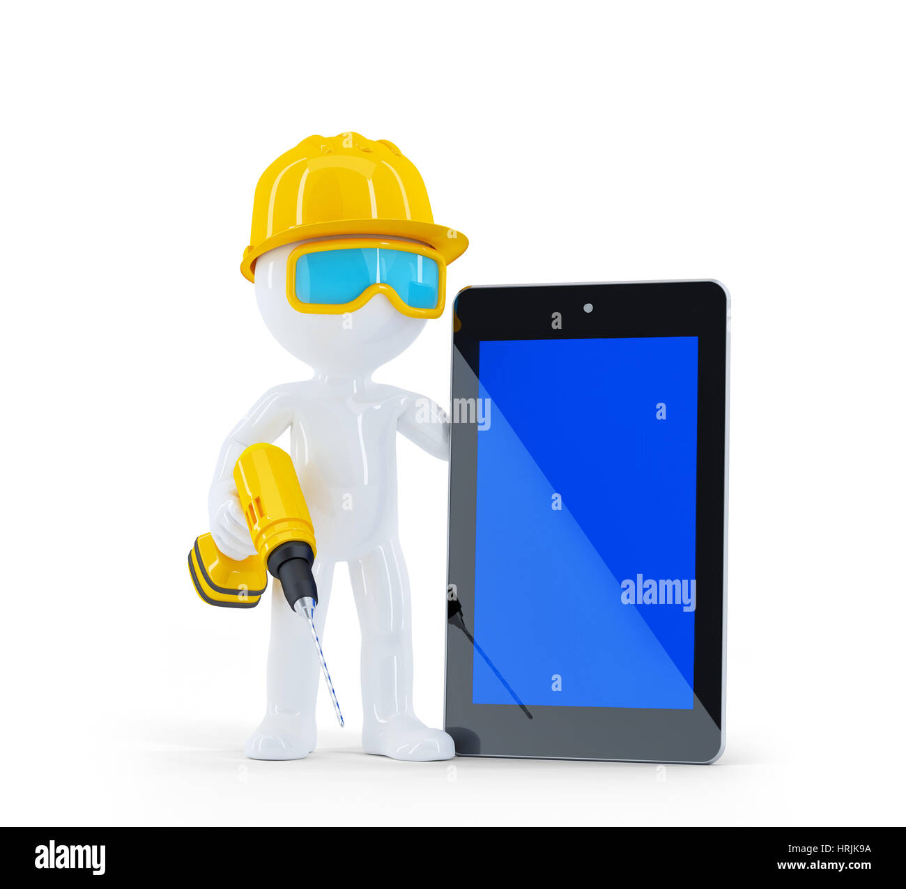 Construction worker with tablet computer. Isolated on white background ...