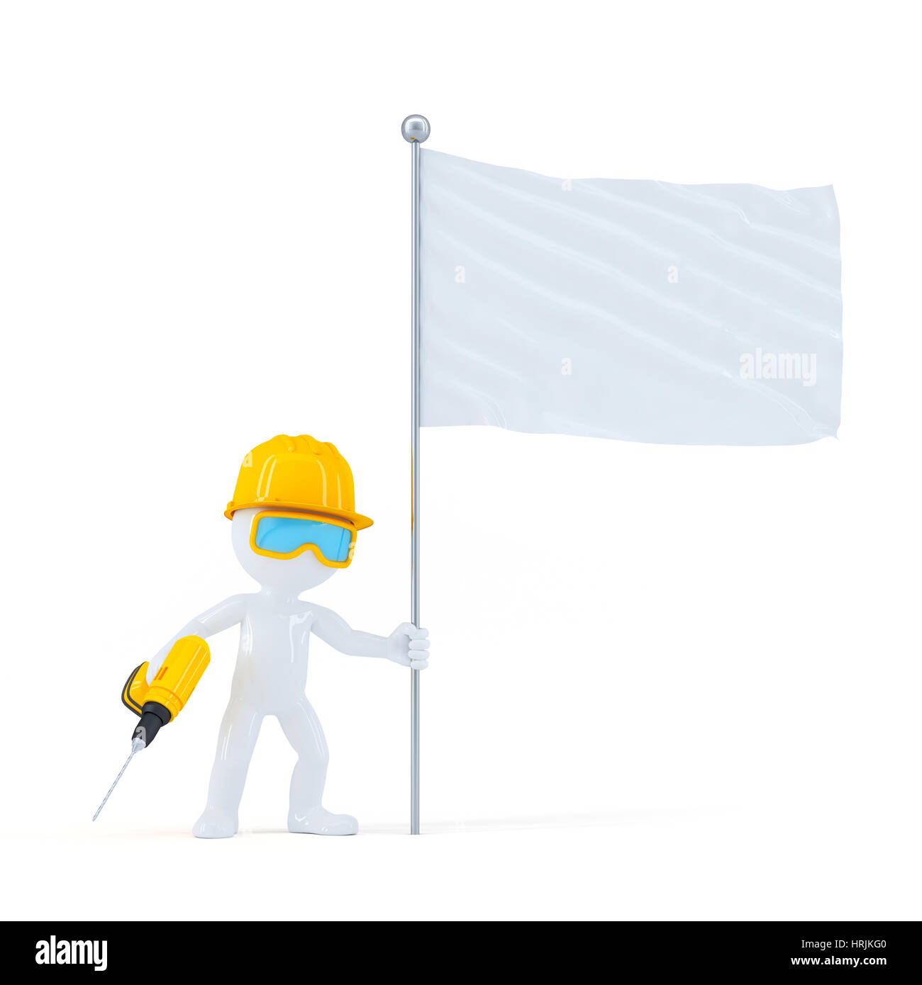 Construction worker with drill and blank flag. Isolated on white ...