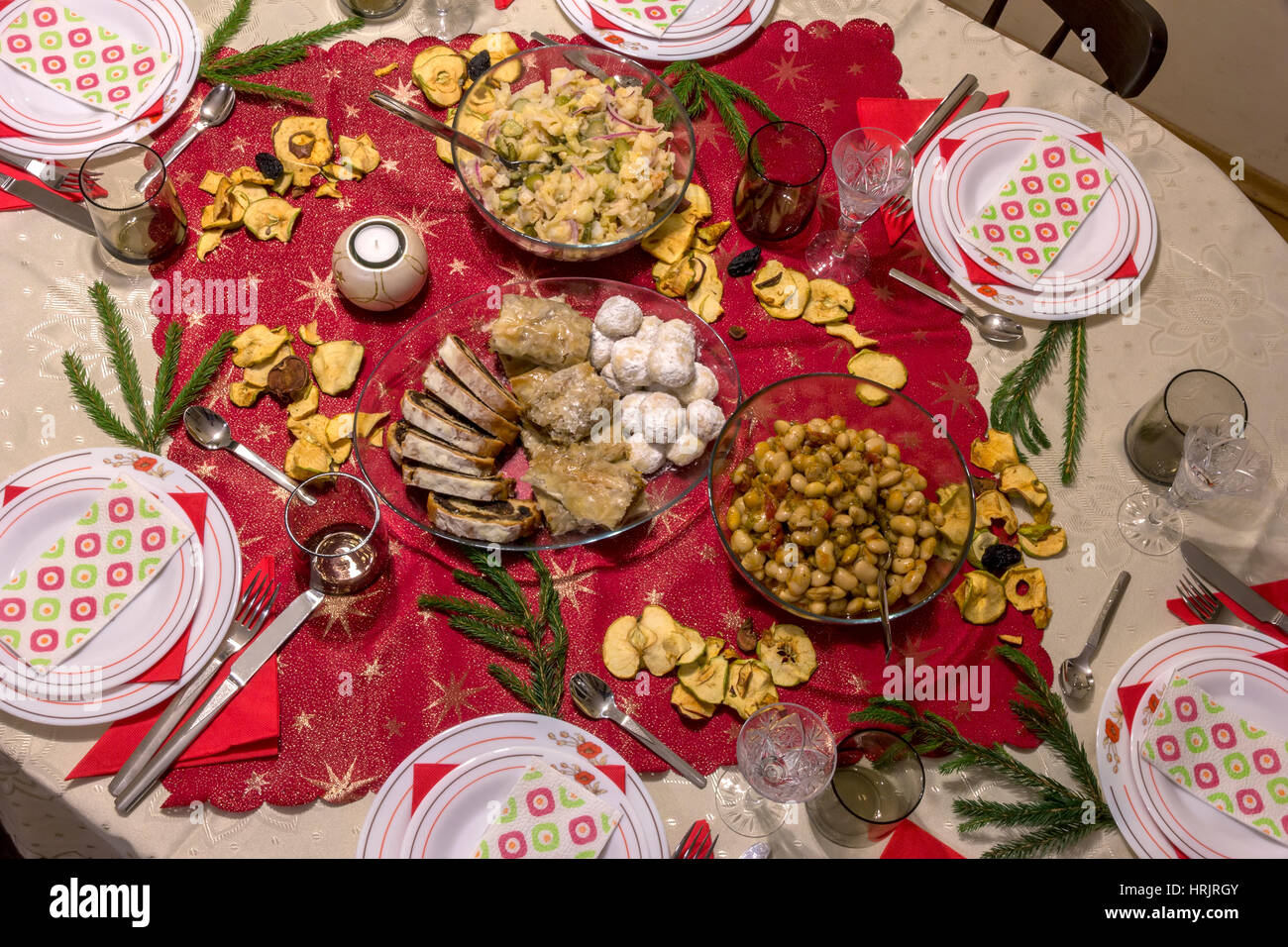 family having lunch at home, top view of the table with food Stock ...