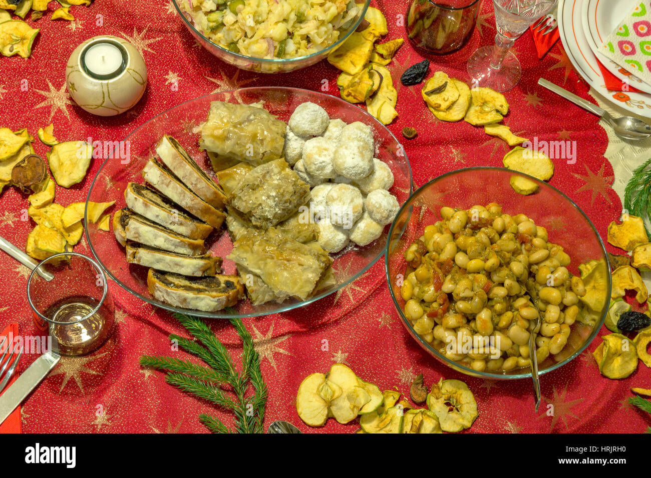 family having lunch at home, top view of the table with food Stock ...