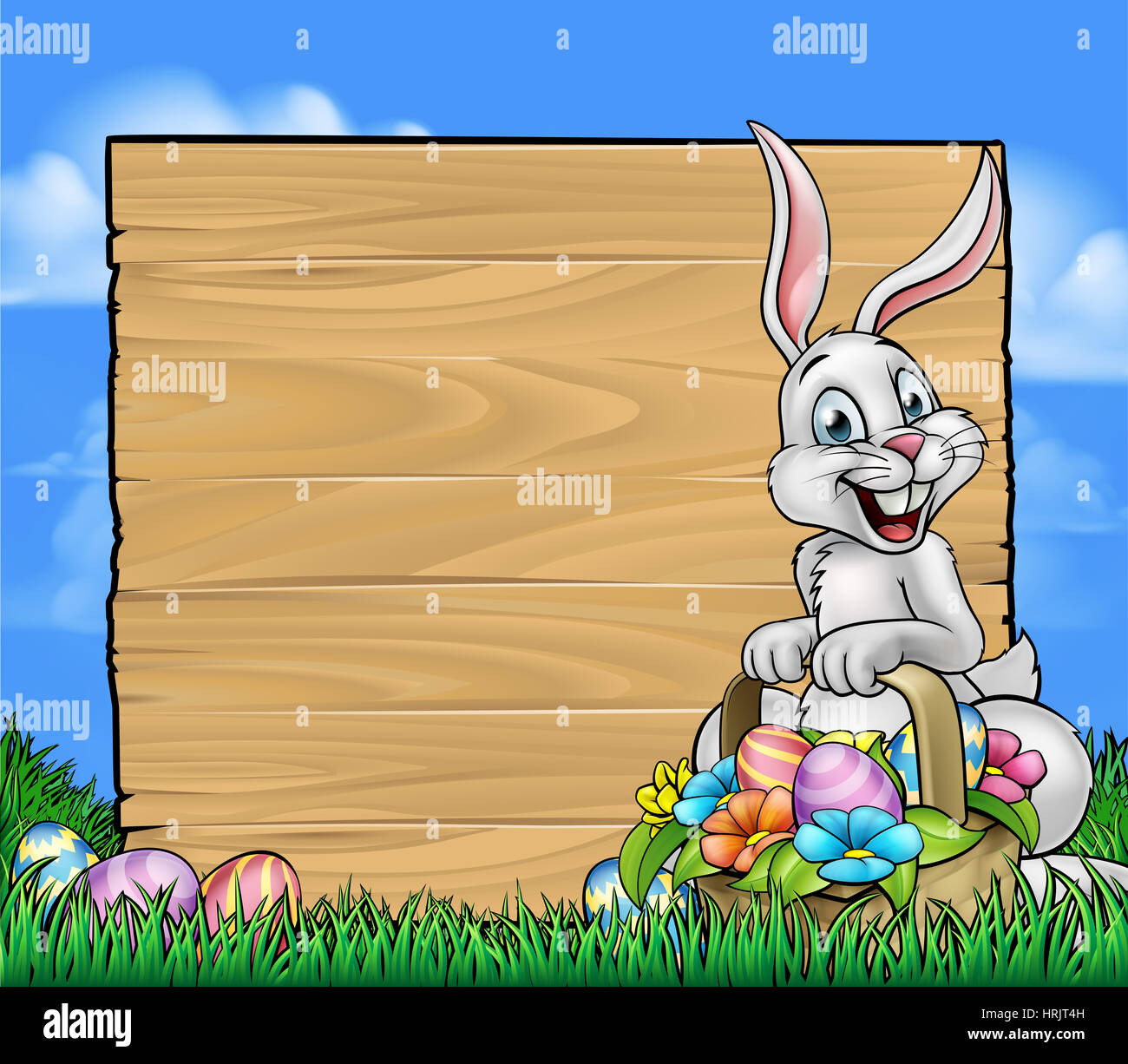 Background sign of the Easter bunny on an egg hunt holding a basket or ...