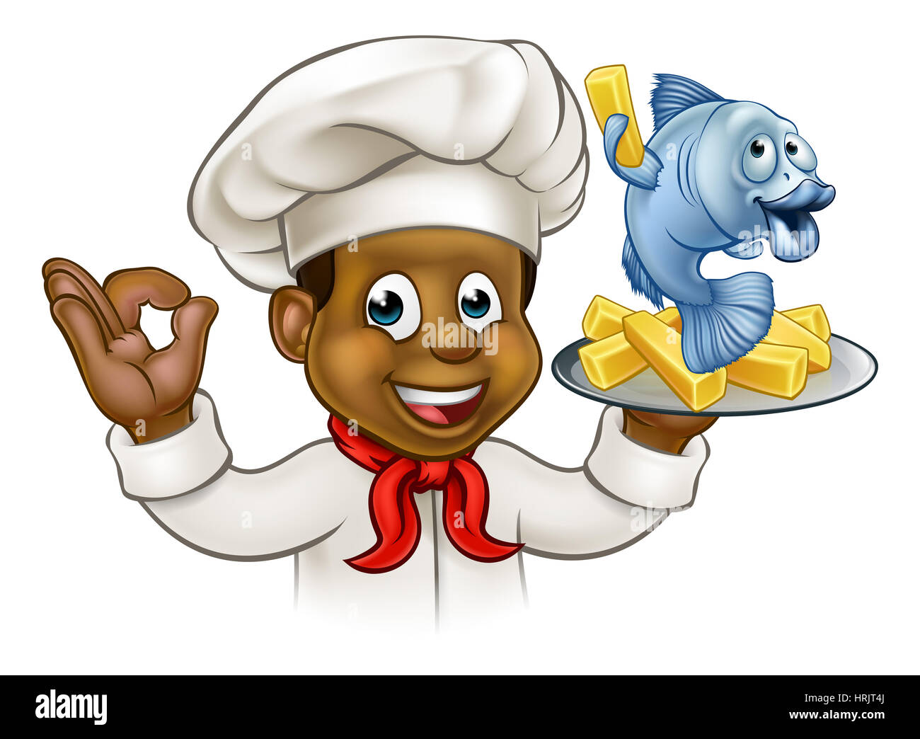 A cartoon black chef character holding fish and chips meal Stock Photo ...