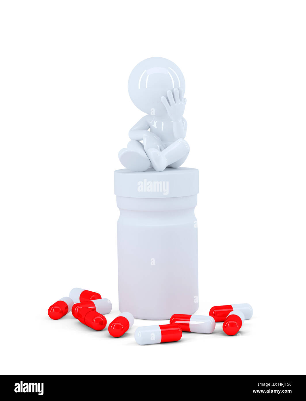 Depressed man sitting on top of the pill box. Isolated on white ...
