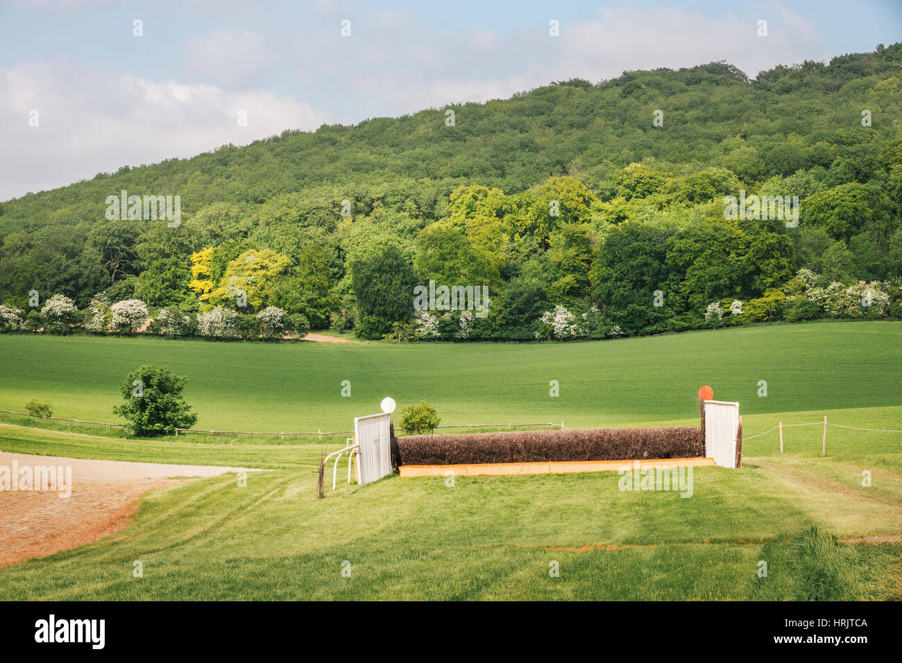 Open landscape with steeplechase horse racing course and hurdles Stock ...