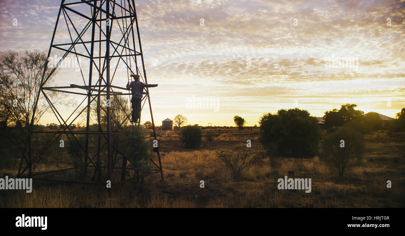 A person climbing a pylon in a rural landscape Stock Photo - Alamy