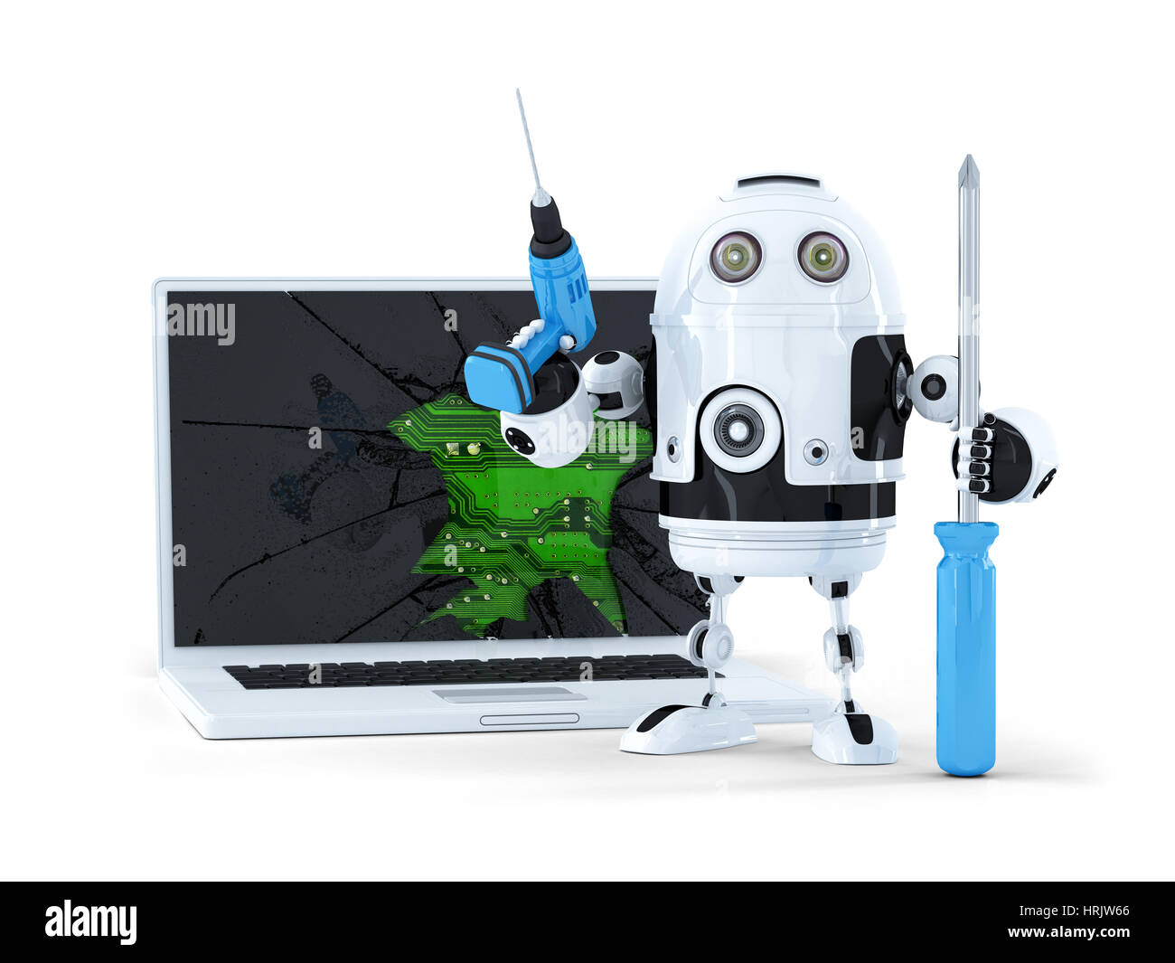 Robot with tools and broken laptop. Isolated Stock Photo - Alamy