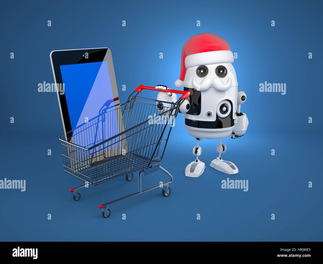 Robot Santa with shopping cart and blank screen tablet computer ...