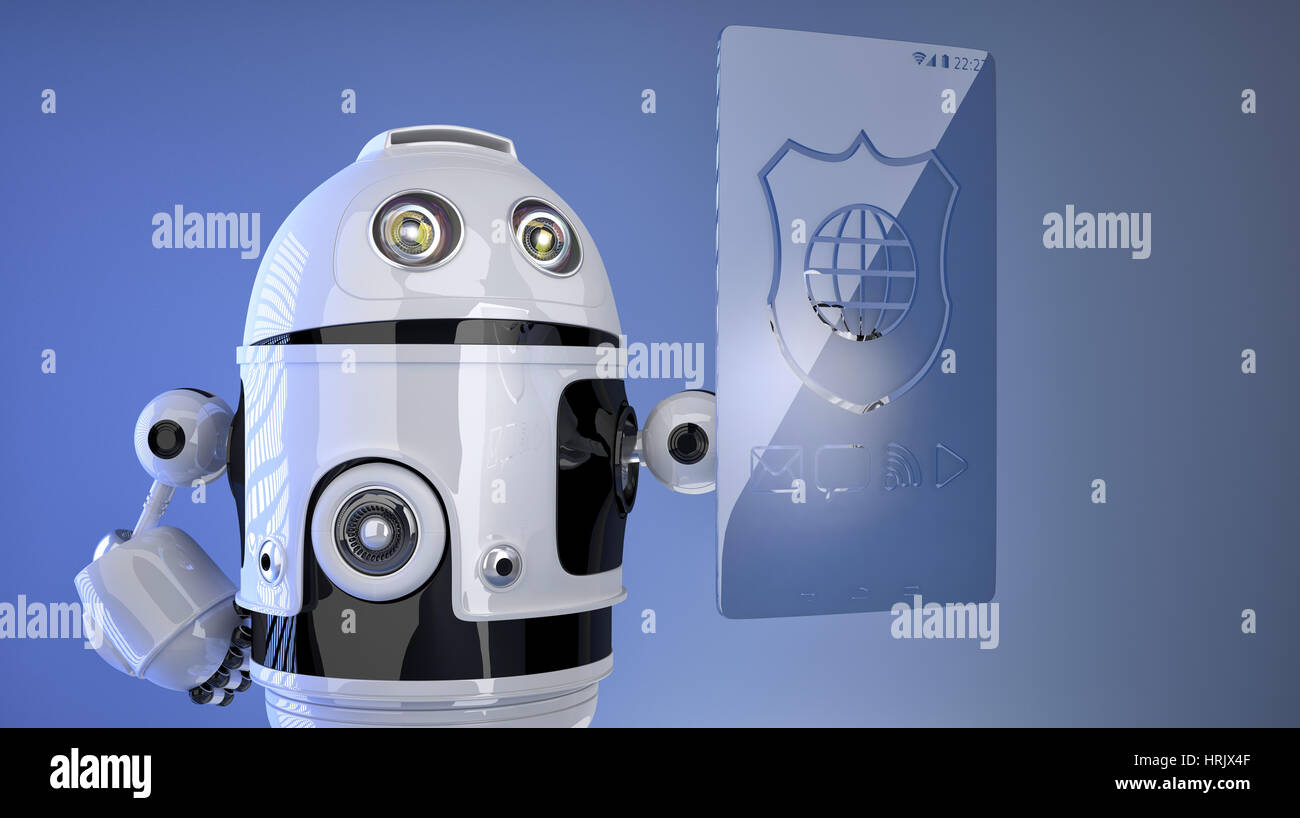 Robot pressing virtual screen with shield icon. Protection concept ...