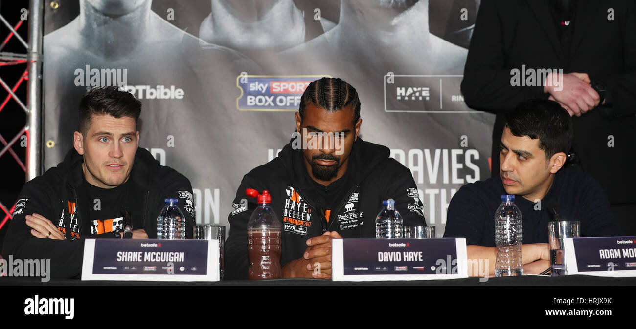 David Haye (centre) with Shane McGuigan (left) and Adam Morallee during ...