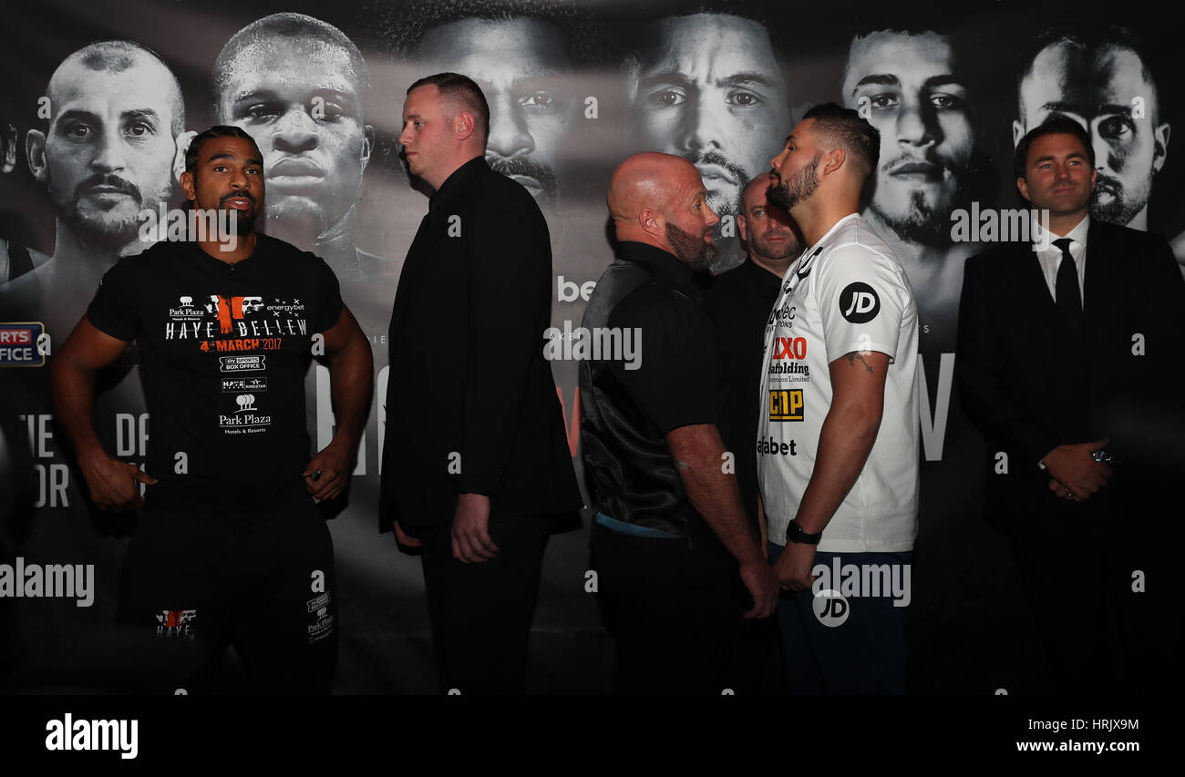 David Haye (left) and Tony Bellew face each after the press conference ...