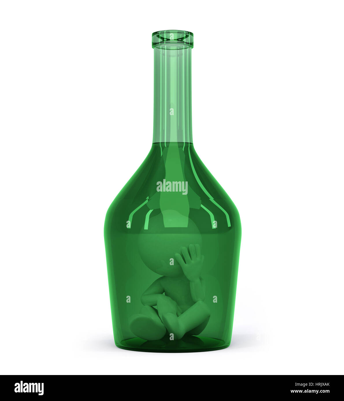 Man in a bottle. Alcohol addiction concept. Isolated over white Stock ...