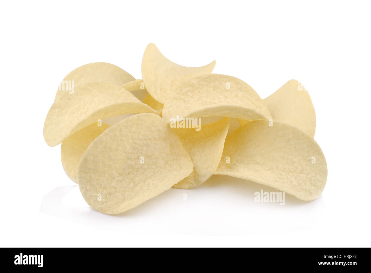 front view of round potato chips on top of each other isolated on white ...