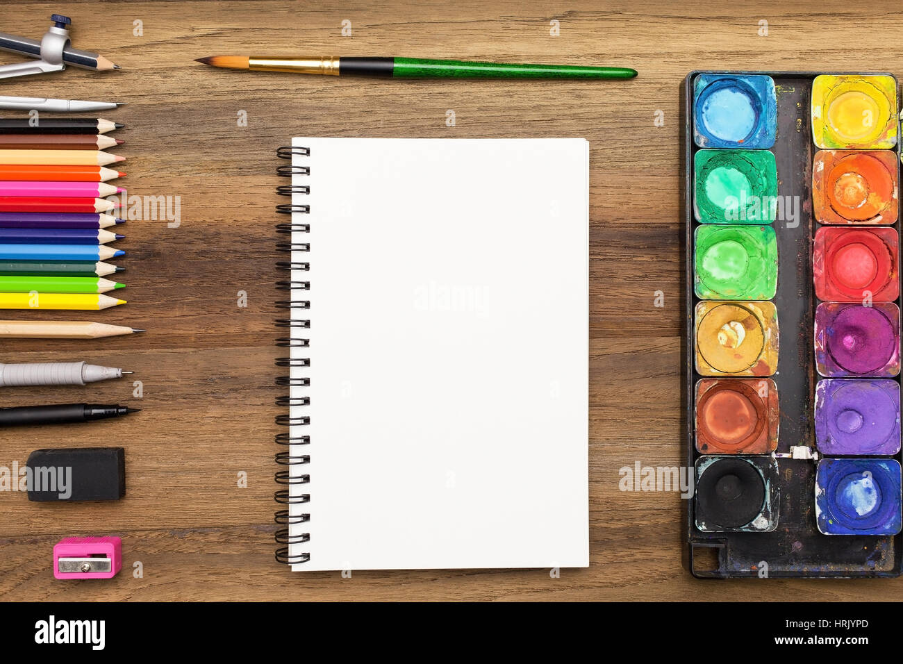 Workstation concept top view : Water color,brush,pen,marker,pencil ...