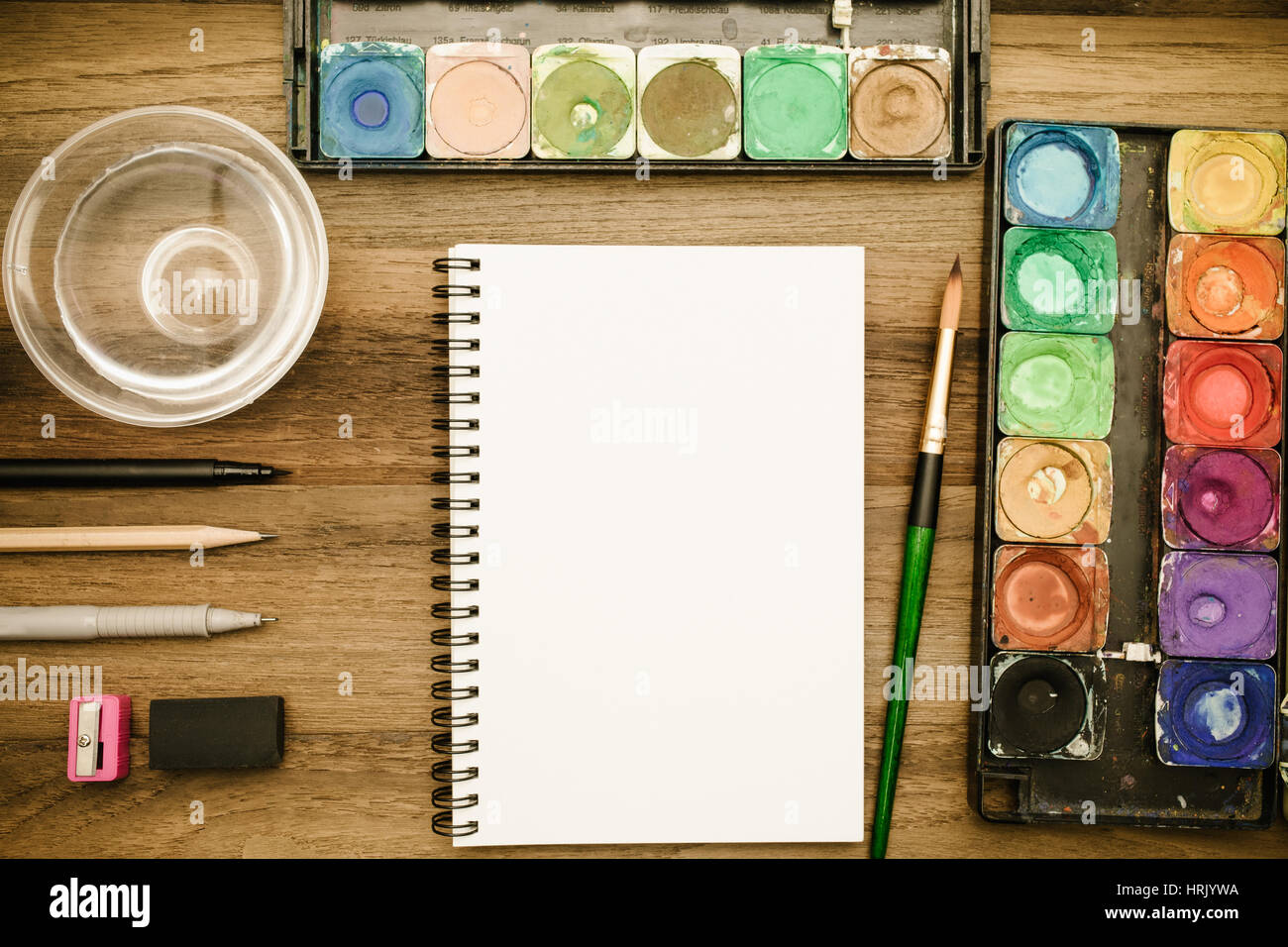 Workstation concept top view : Water color,brush,pen,marker,pencil ...